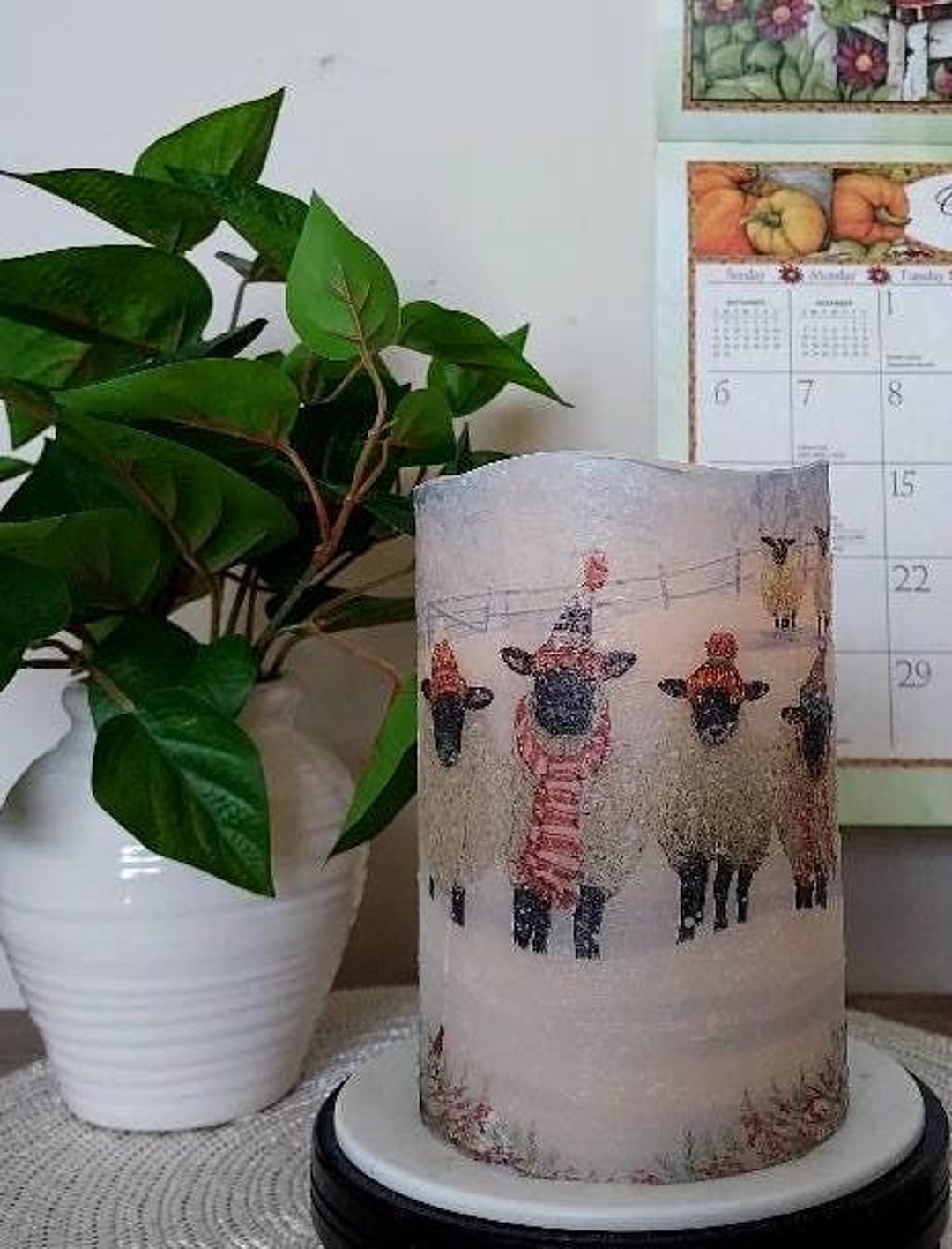 SHEEP FLAMELESS CANDLE W/timer, Sheep Pillar Candle, Sheep Candle ...