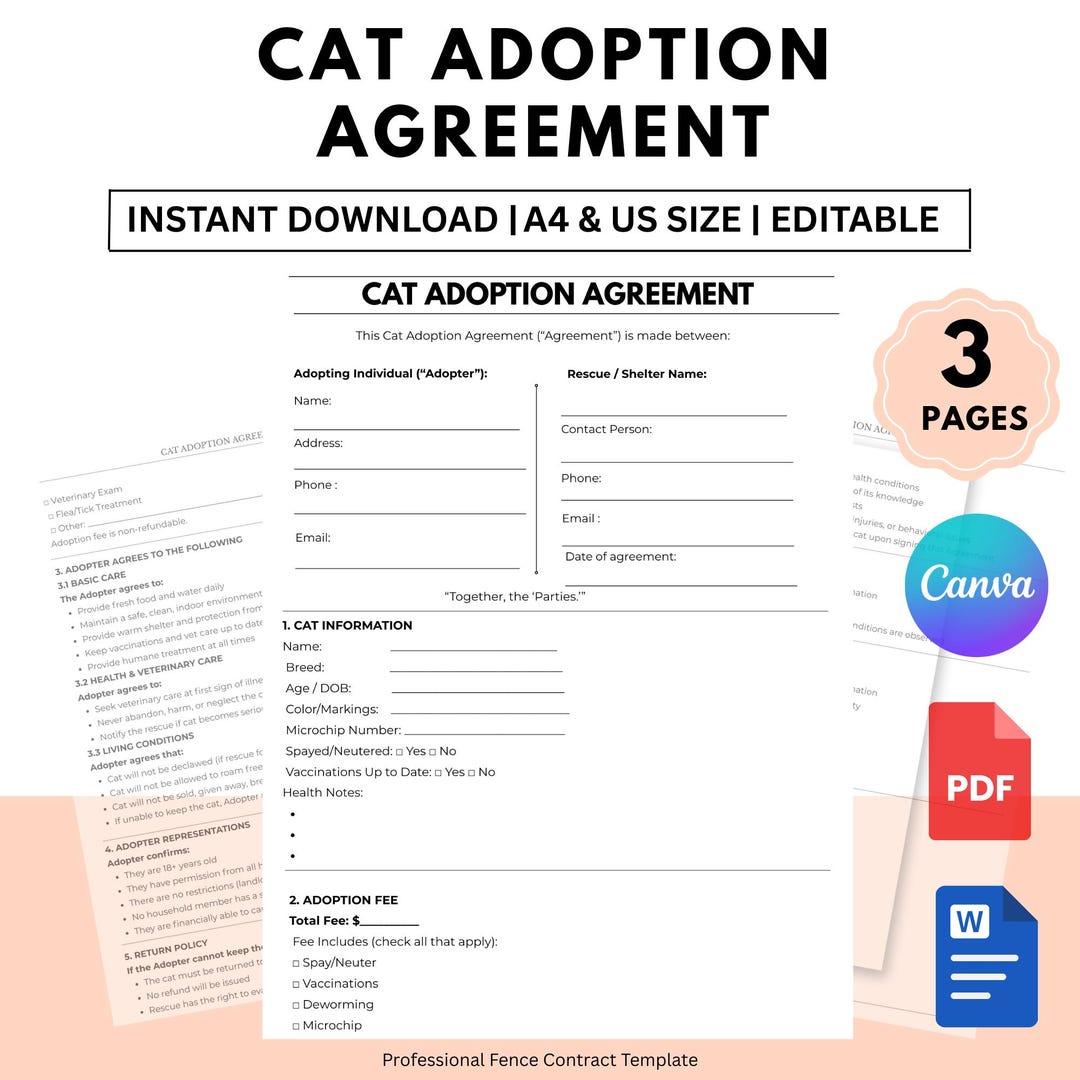 Editable Cat Adoption Agreement – Pet Cat Adoption Contract, Animal ...
