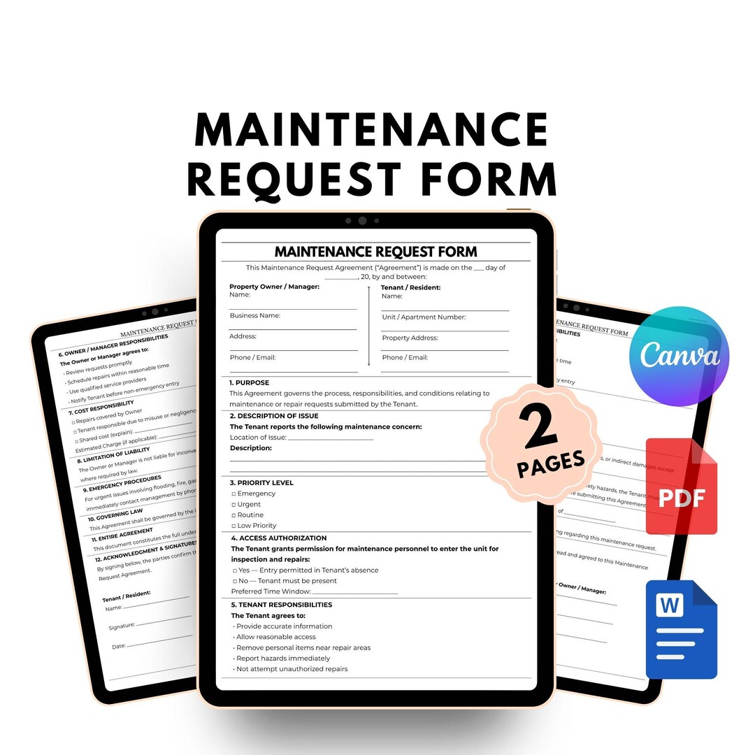 Editable Maintenance Request Form | Property Repair Request | PDF Word ...