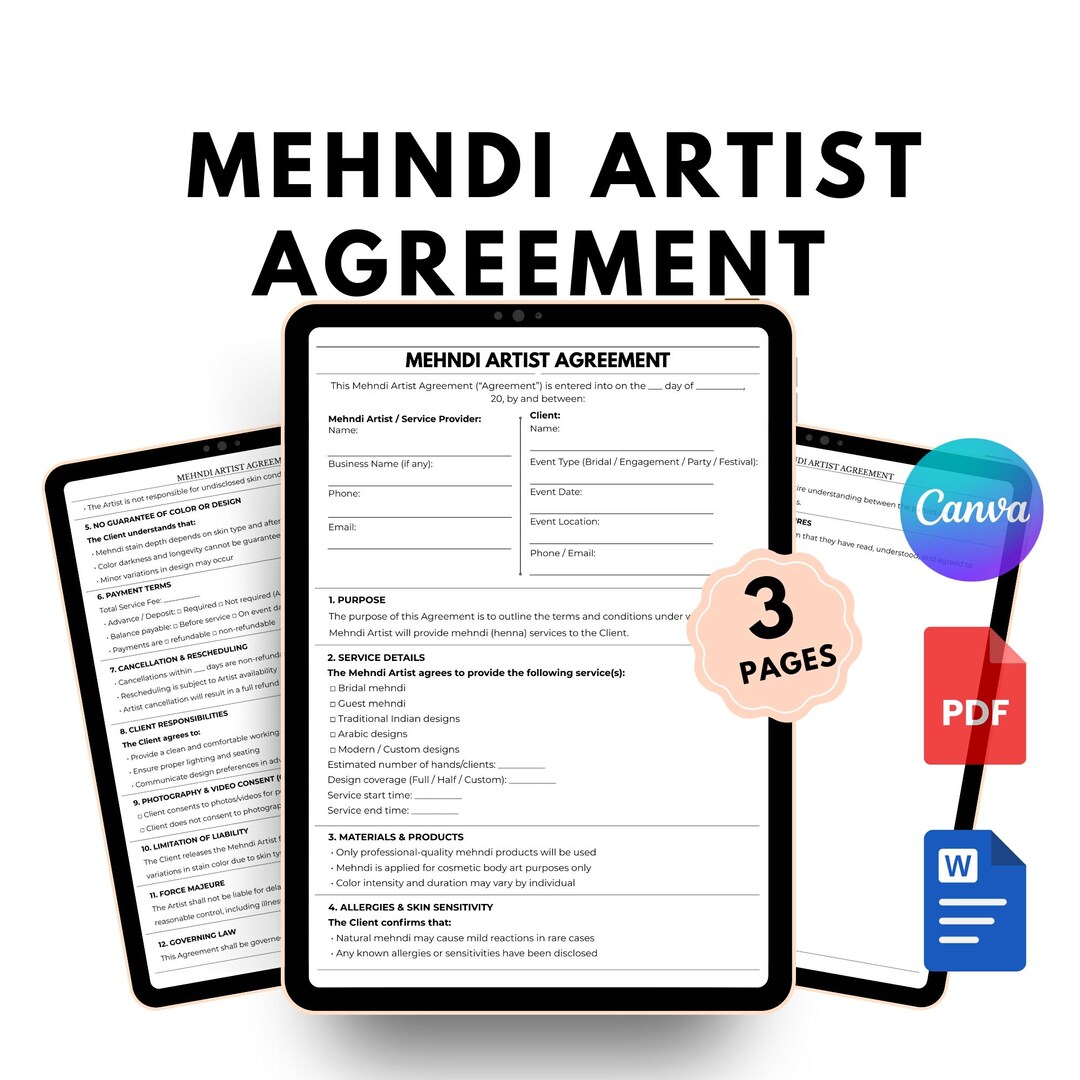 Editable Mehndi Artist Agreement – Henna Artist Service Contract PDF ...
