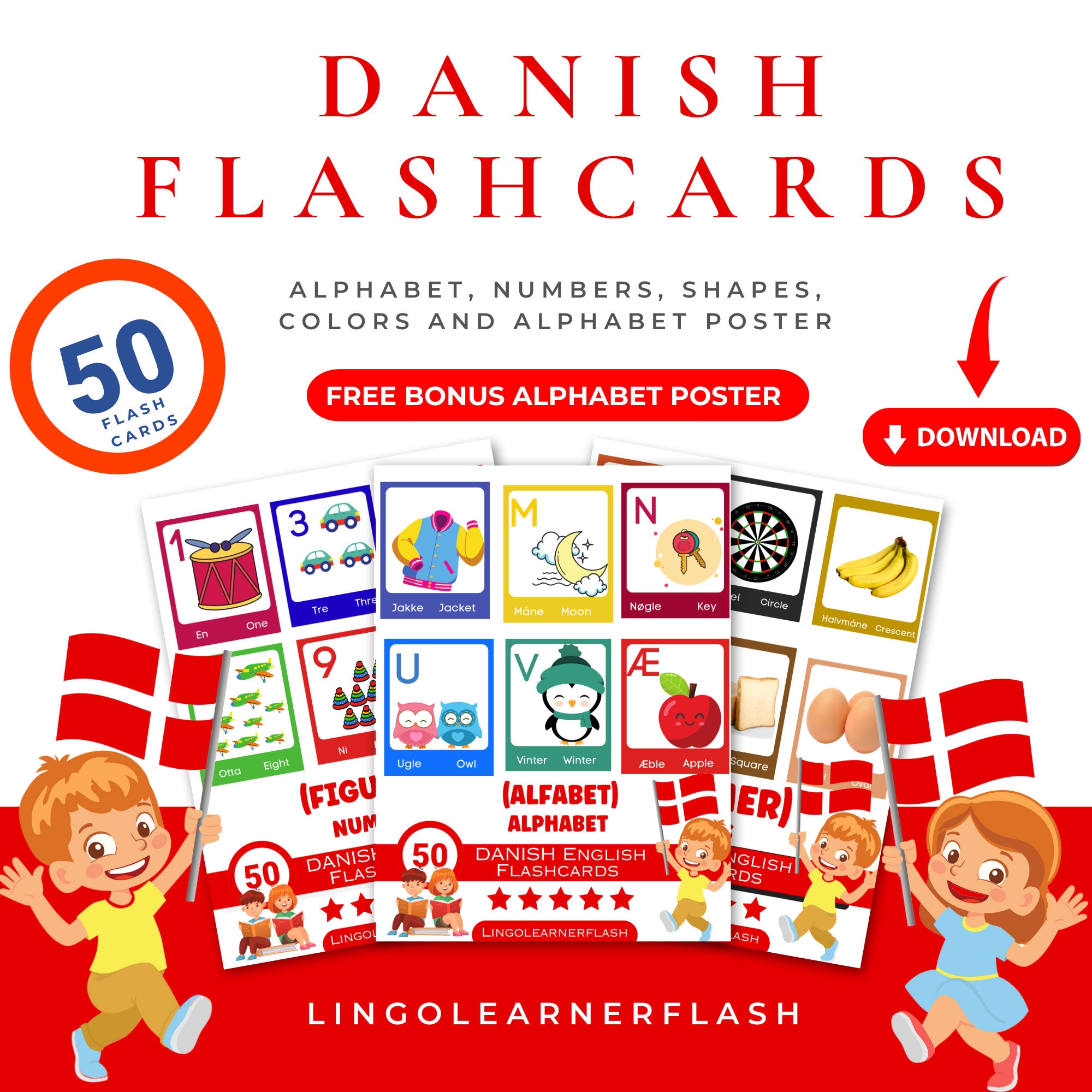 Danish Bilingual Flashcards: Dive Into Danish Alphabet, Numbers, Shapes ...
