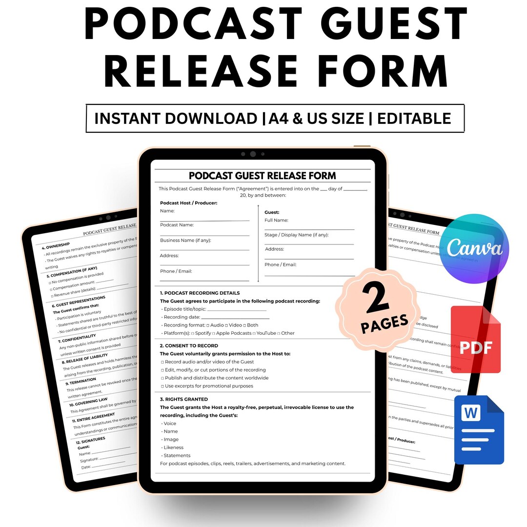 Ditable Podcast Guest Release Form | Podcast Consent & Media Release ...