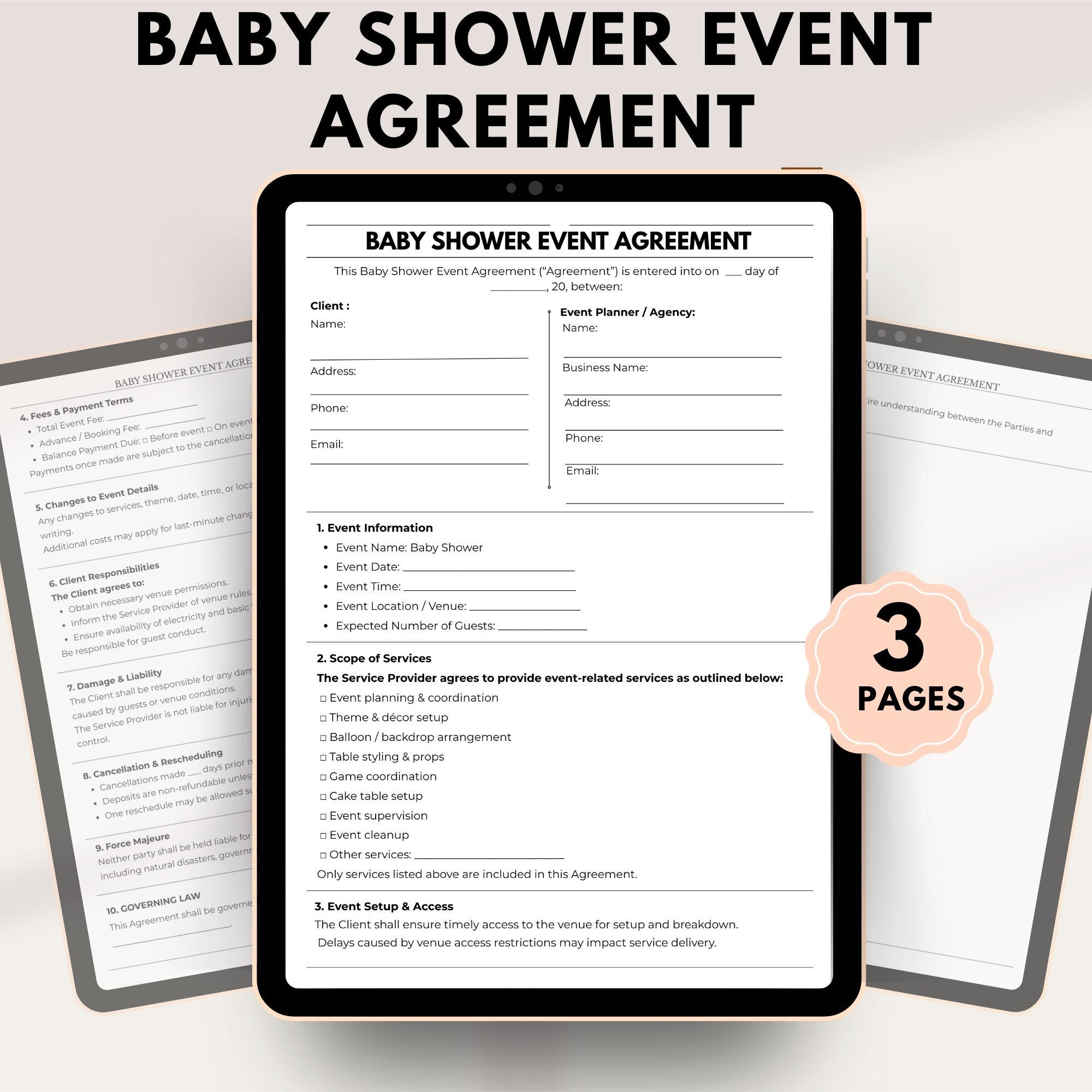 Editable Baby Shower Event Agreement Template Event Planning Services ...