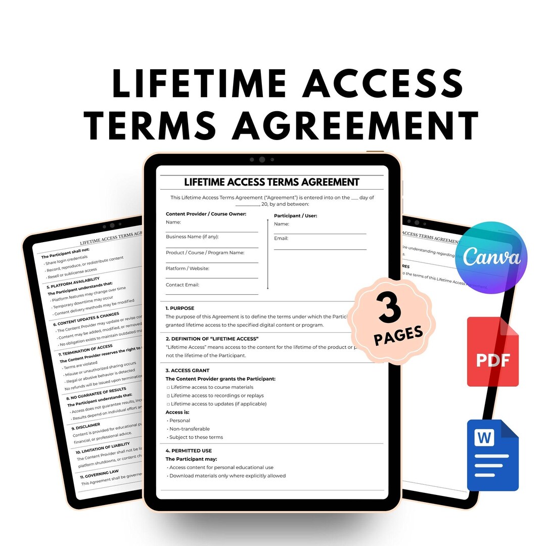 Editable Lifetime Access Terms Agreement | Lifetime Access Policy PDF ...