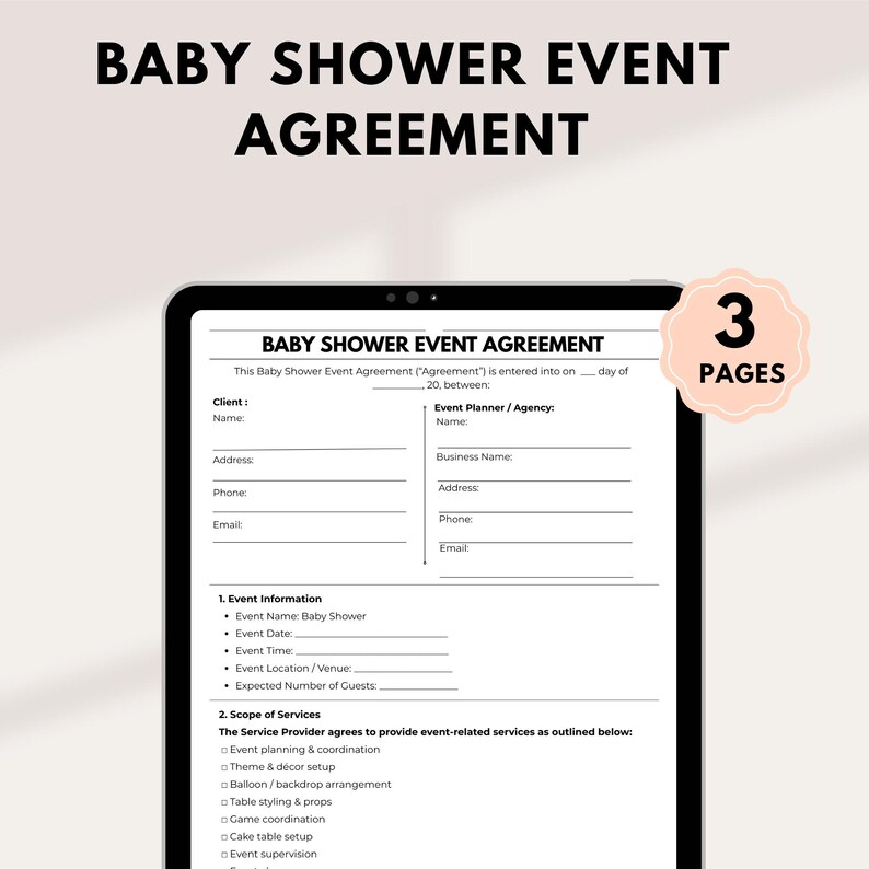 Editable Baby Shower Event Agreement Template Event Planning Services ...
