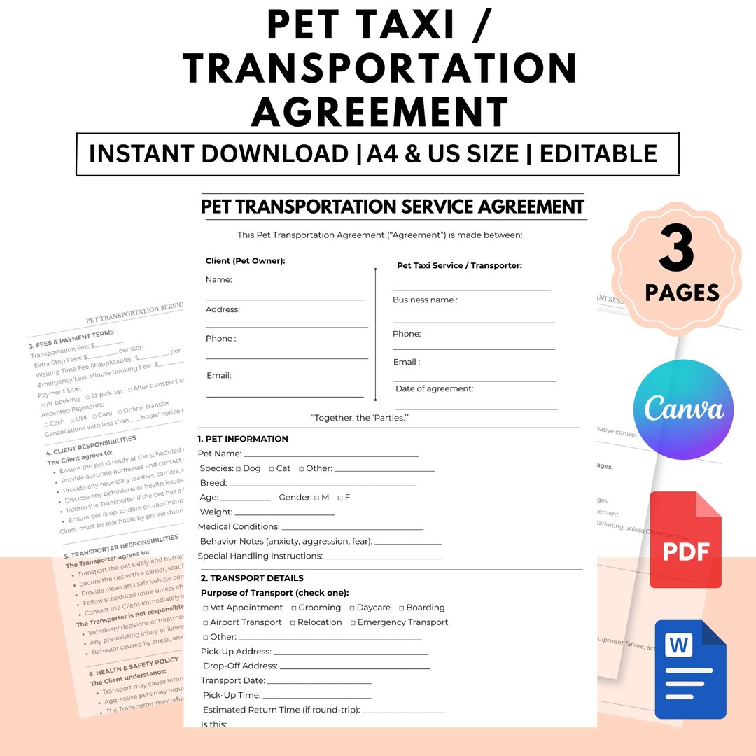 Editable Pet Taxi & Transportation Agreement – Pet Transport Service ...