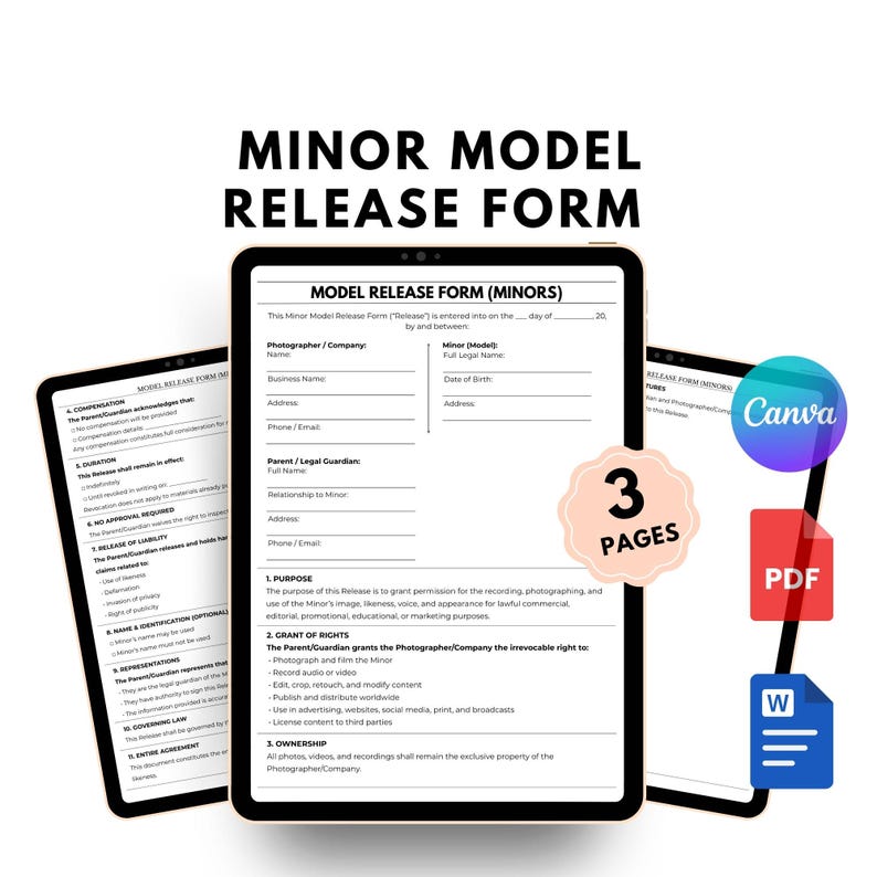 Editable Minor Model Release Form | Child Photo Consent PDF Word Canva ...
