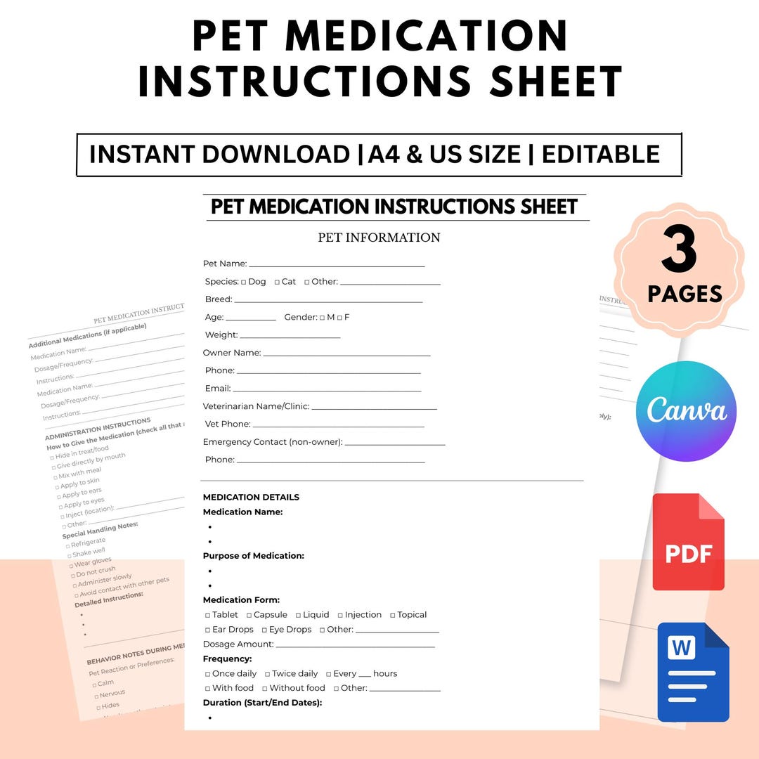 Editable Pet Medication Instructions Sheet – Pet Medicine Care Guide ...