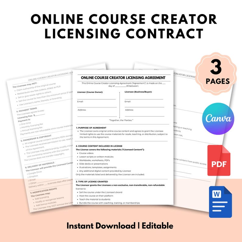 Editable Online Course Creator Licensing Contract – Course Content ...