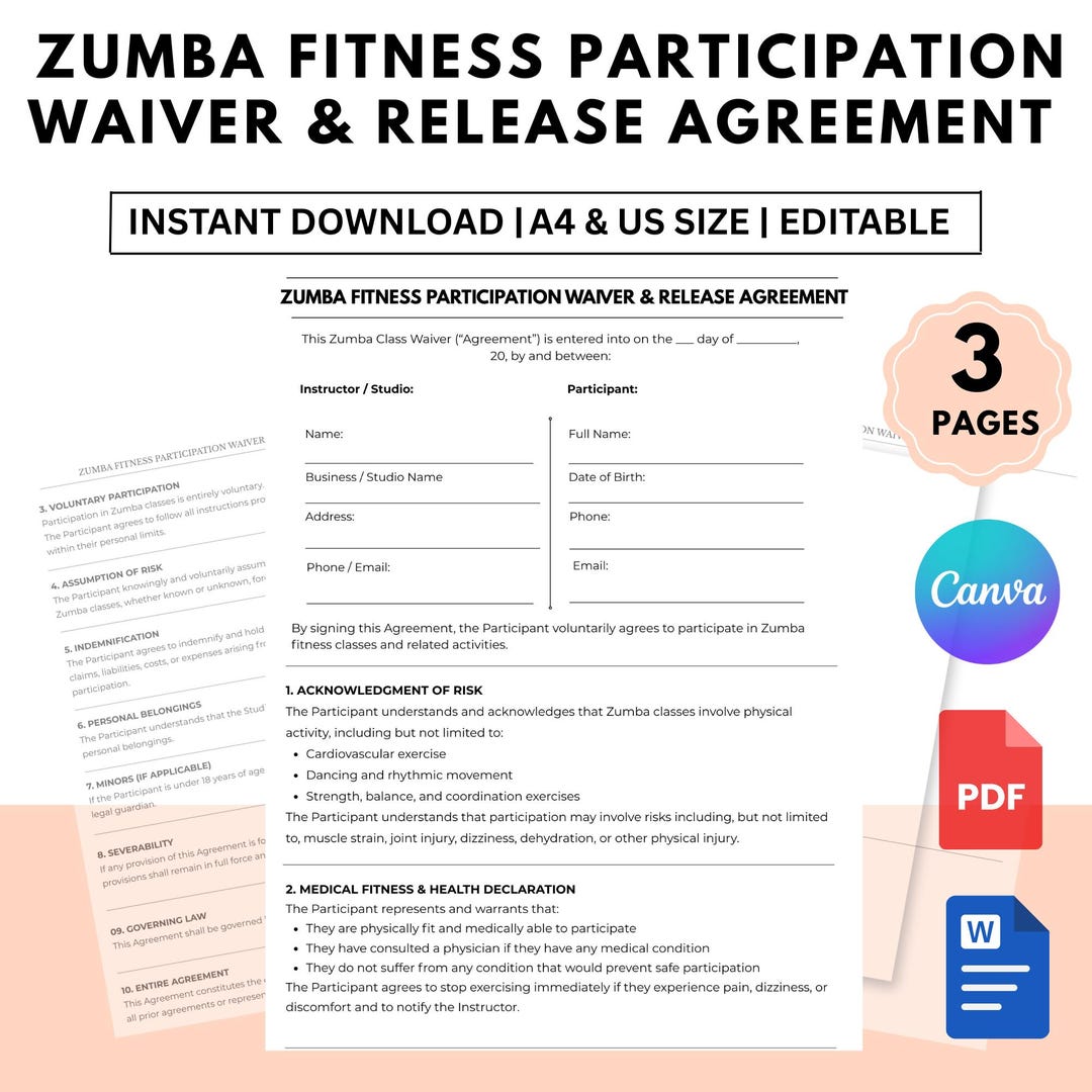 Editable Zumba Fitness Participation Waiver & Release Agreement – Zumba ...