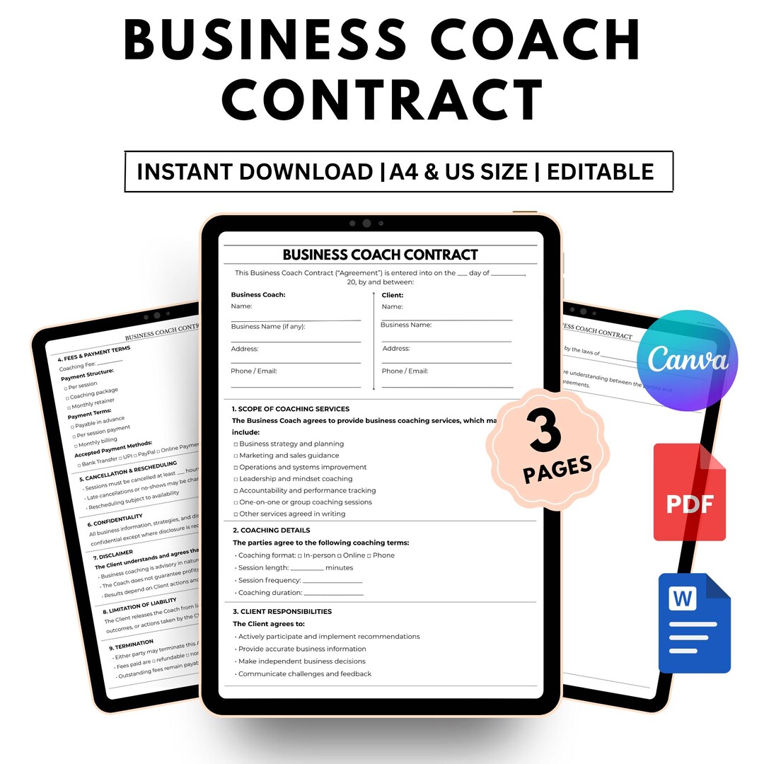 Editable Business Coach Contract | Business Coaching Client Agreement ...