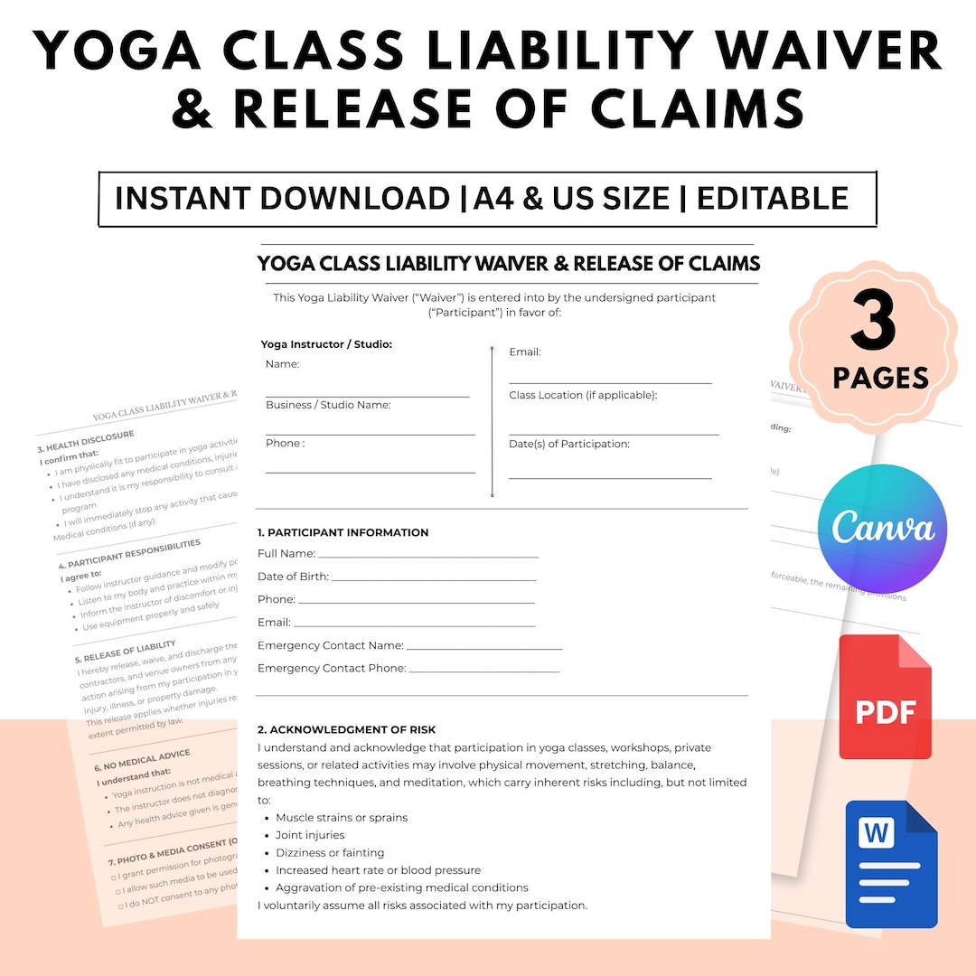 Editable Yoga Class Liability Waiver & Release of Claims – Yoga Studio ...