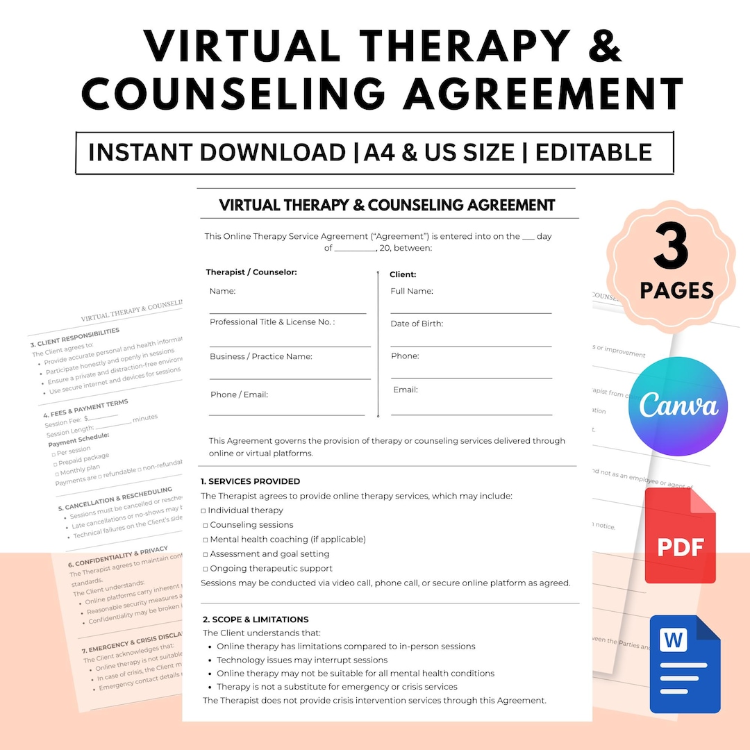 Editable Virtual Therapy Agreement Template Online Counseling Client ...