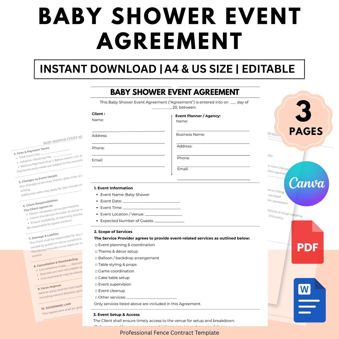 Editable Baby Shower Event Agreement Template Event Planning Services ...