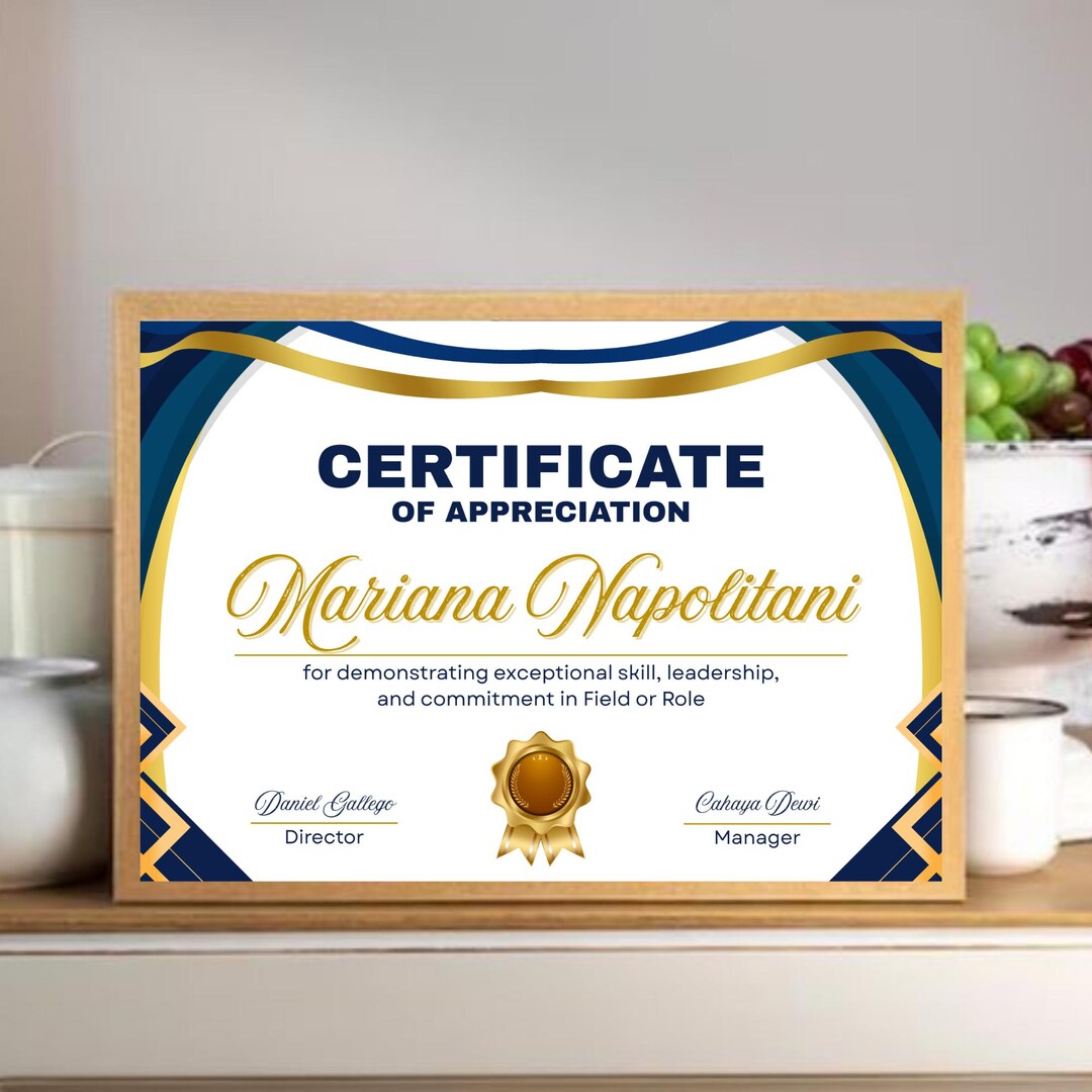 Blue & Gold Appreciation Certificate Template | Editable Canva Award ...