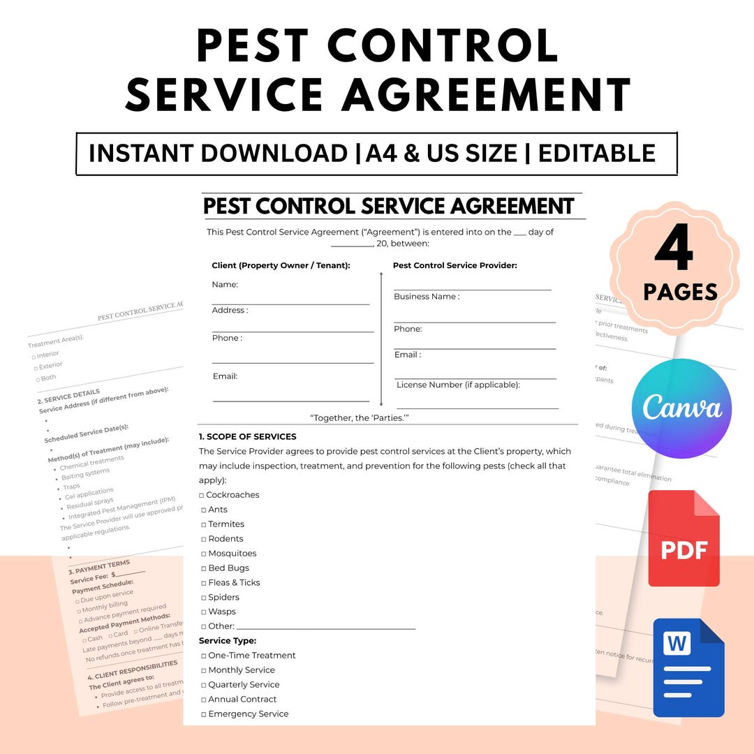 Editable Pest Control Service Agreement – Pest Management Contract ...