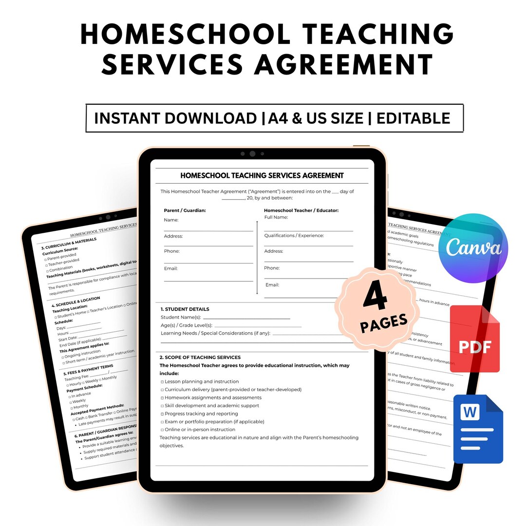 Editable Homeschool Teacher Agreement – Home Education Teaching ...