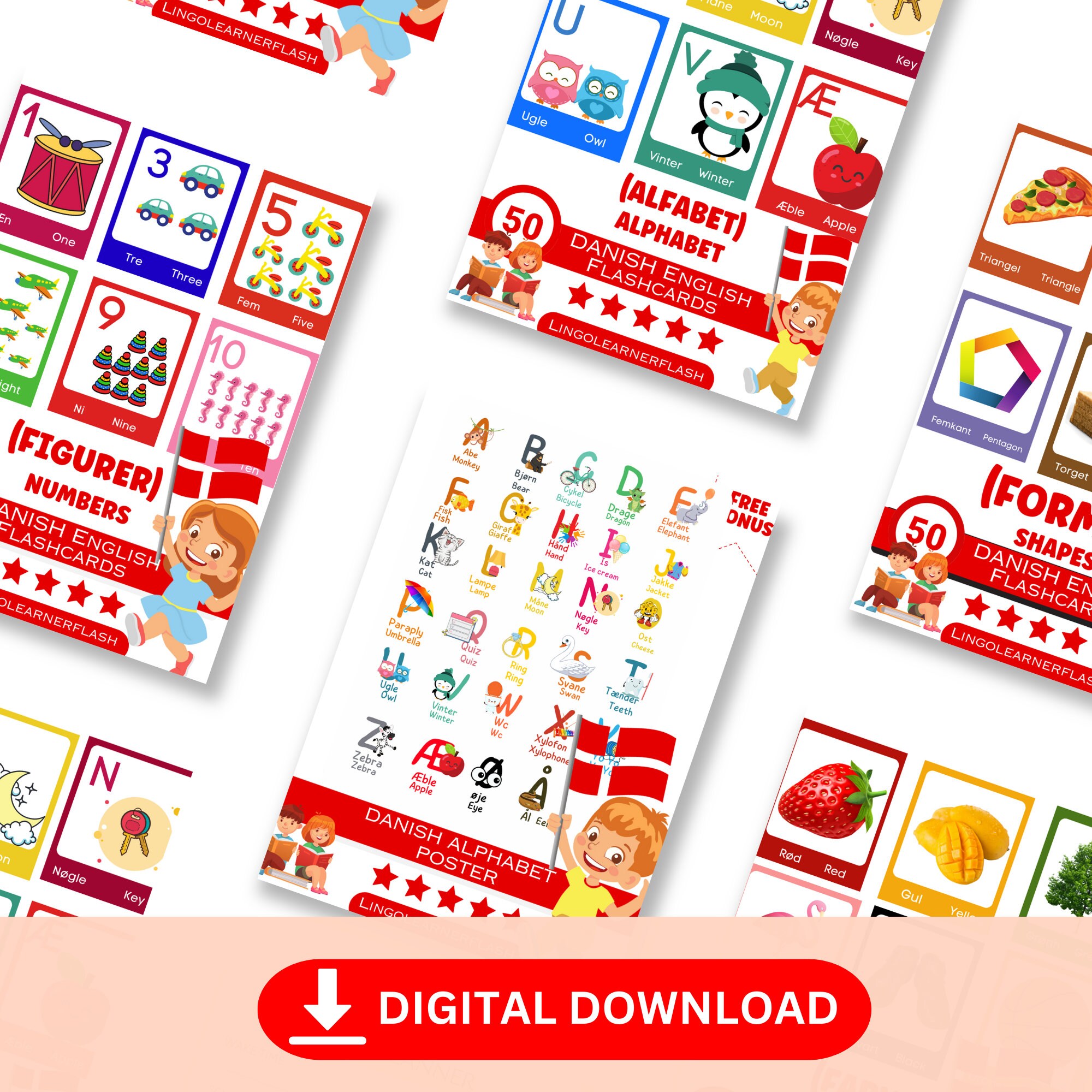 Danish Bilingual Flashcards Printable PDF Danish Alphabet Numbers ...