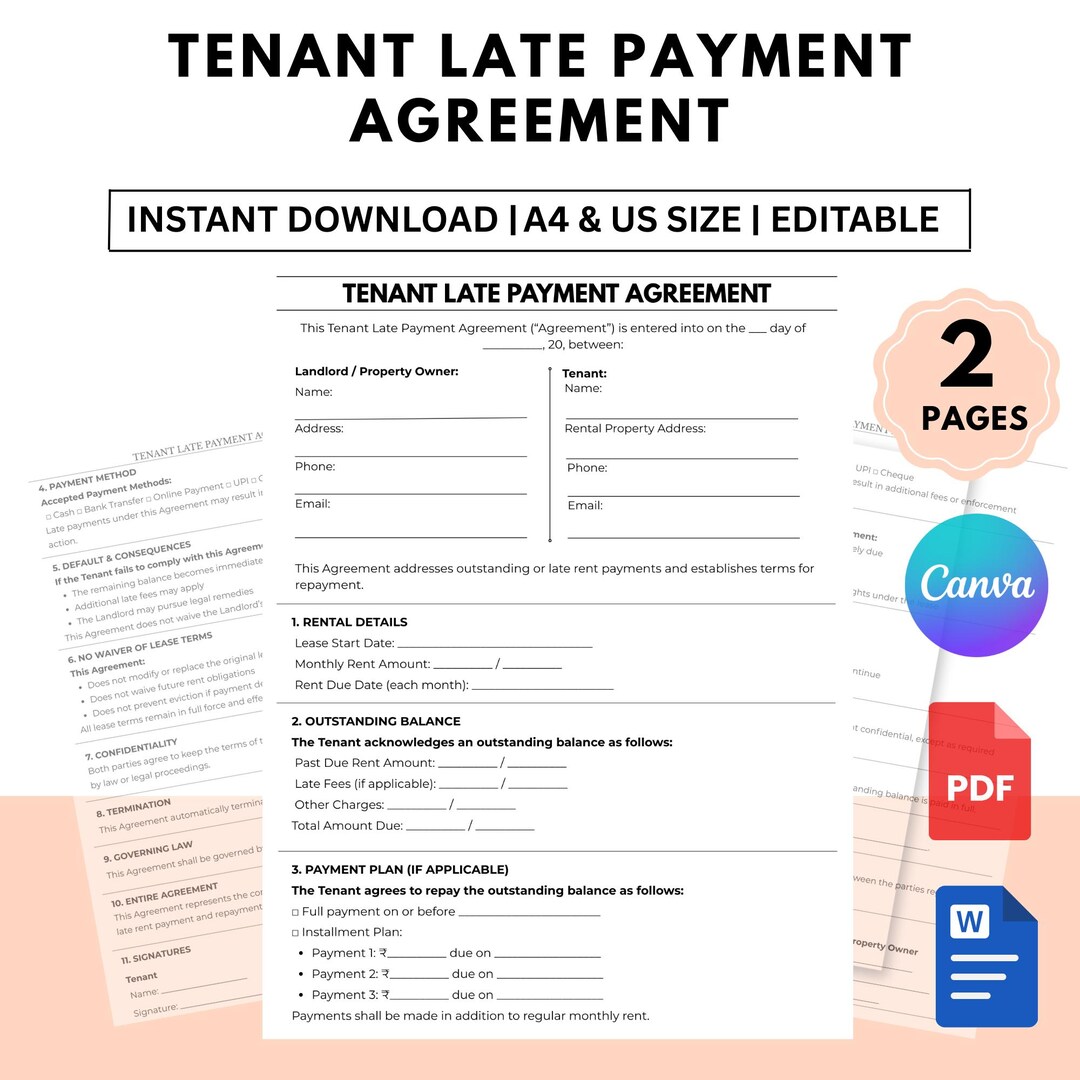 Editable Tenant Late Payment Agreement – Rent Payment Delay Contract ...