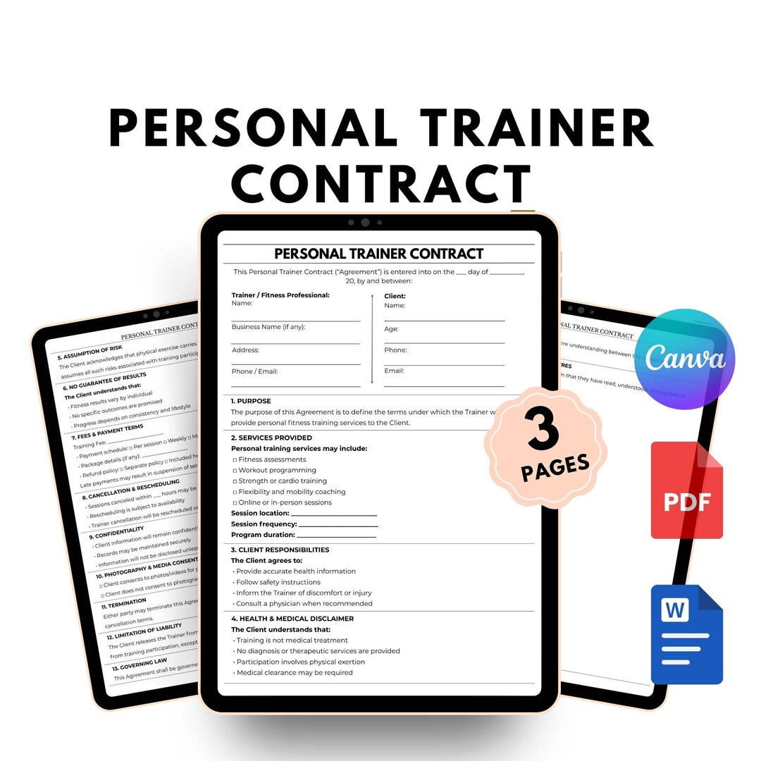 Editable Personal Trainer Contract | Fitness Training Agreement | PDF ...