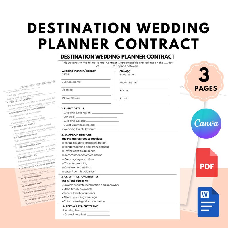 Editable Destination Wedding Planner Contract Travel Wedding Agreement ...