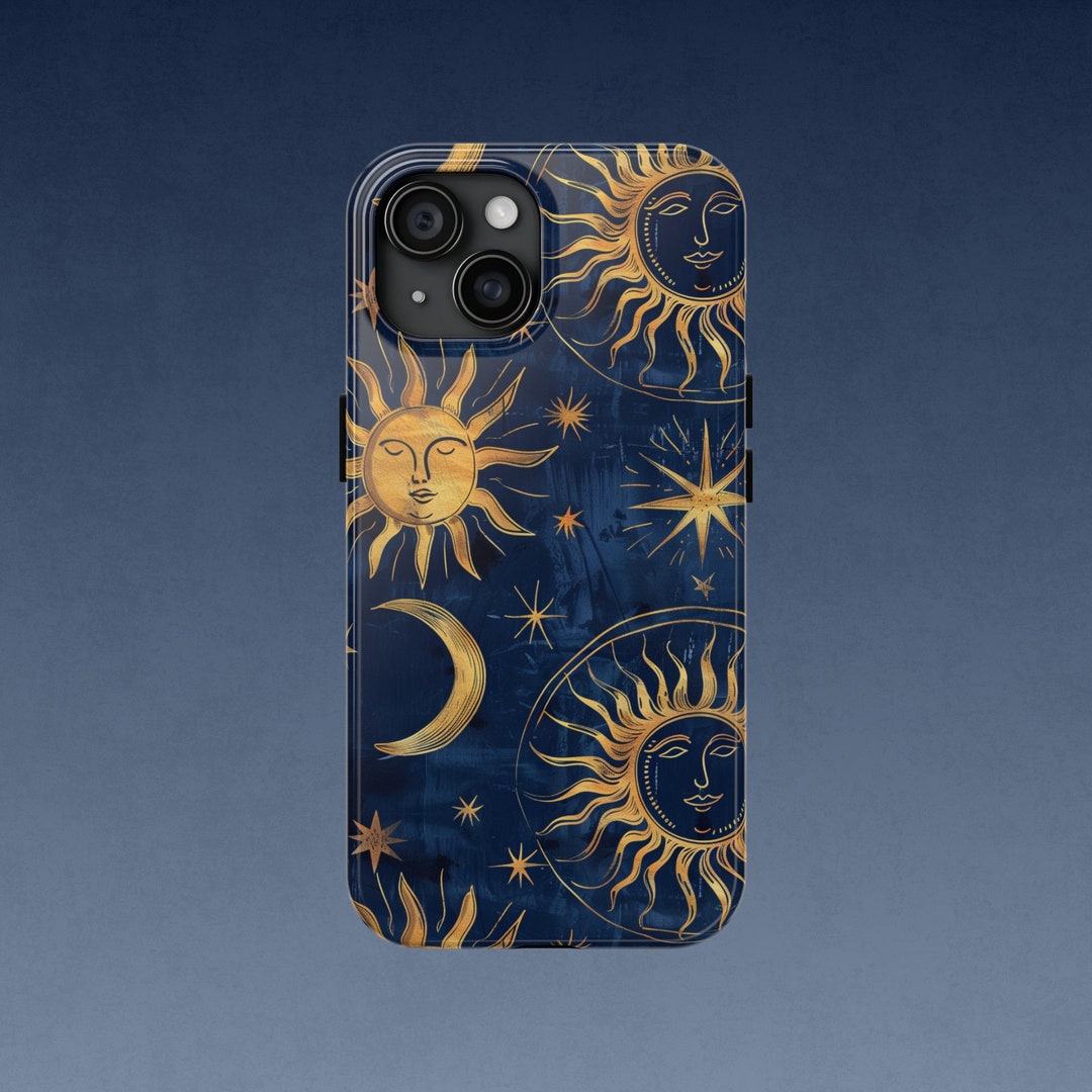 Celestial Phone Case Sun and Moon Design, Golden Moon Phases, Stars ...