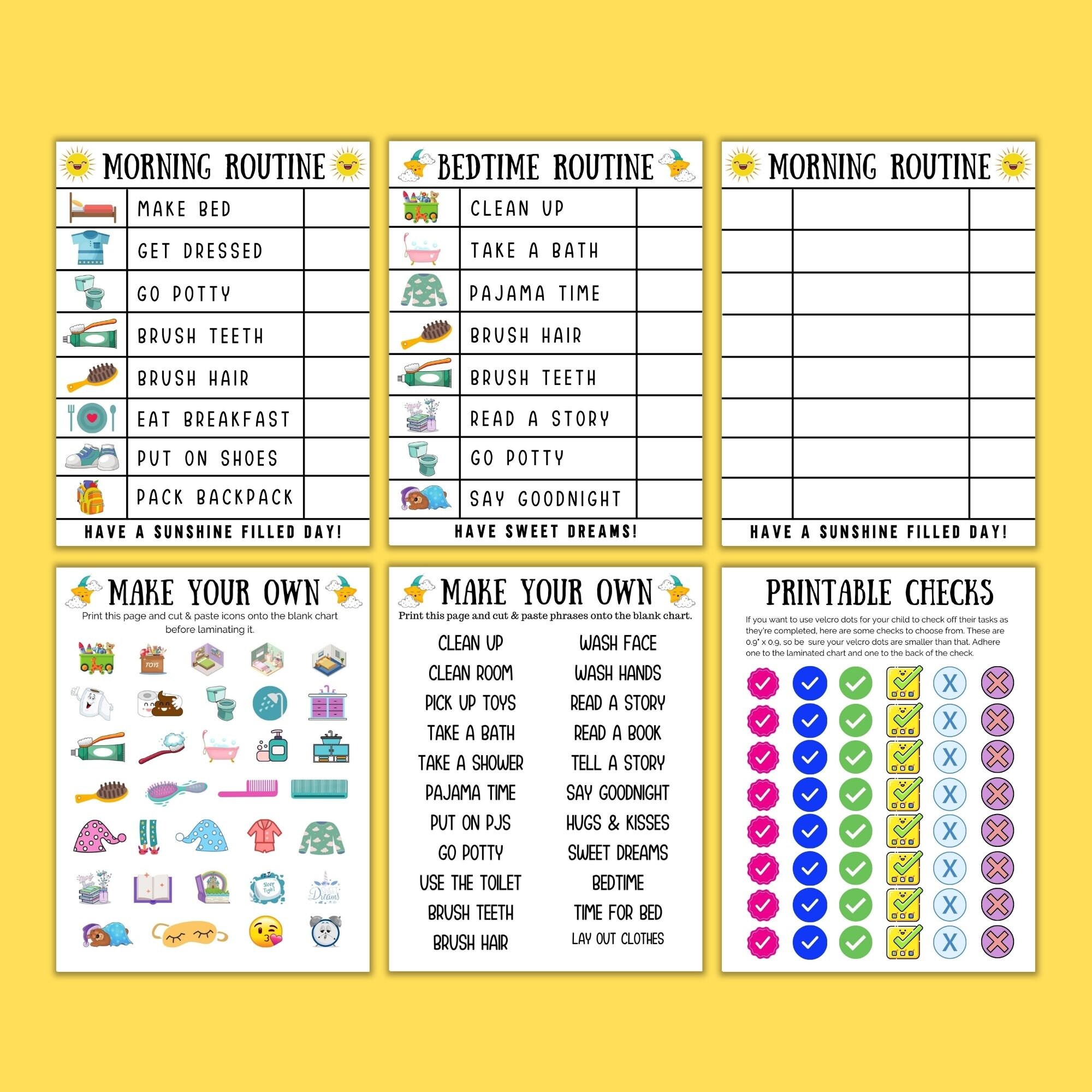 Kids Morning / Bedtime Routine Charts, Cute Printable Checklist ...