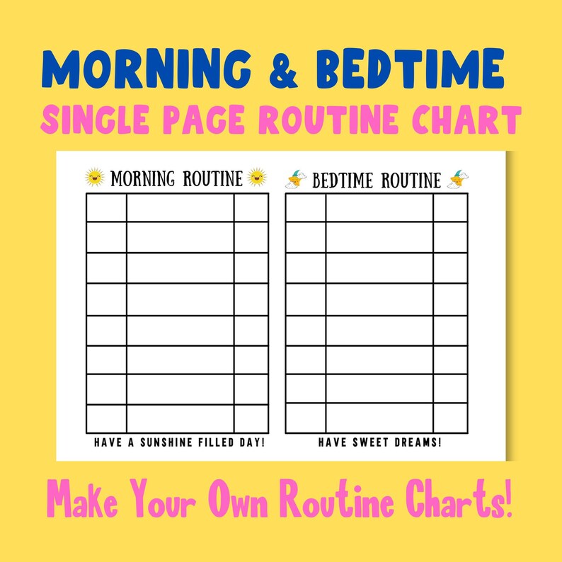 Kids Morning / Bedtime Routine Single Page Charts, Cute Printable ...