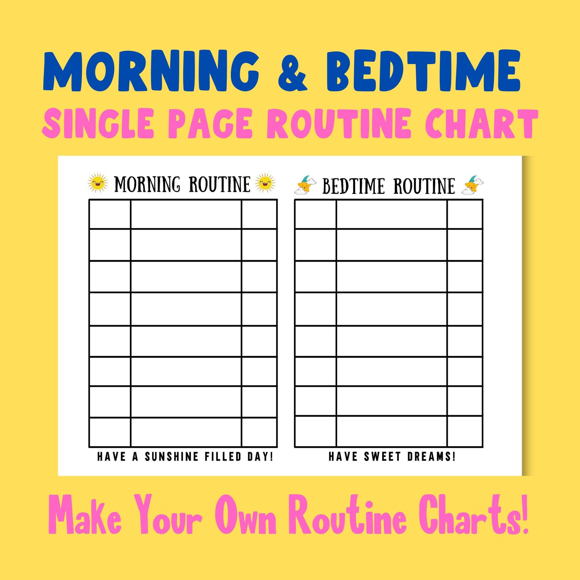 Kids Morning / Bedtime Routine Single Page Charts, Cute Printable ...