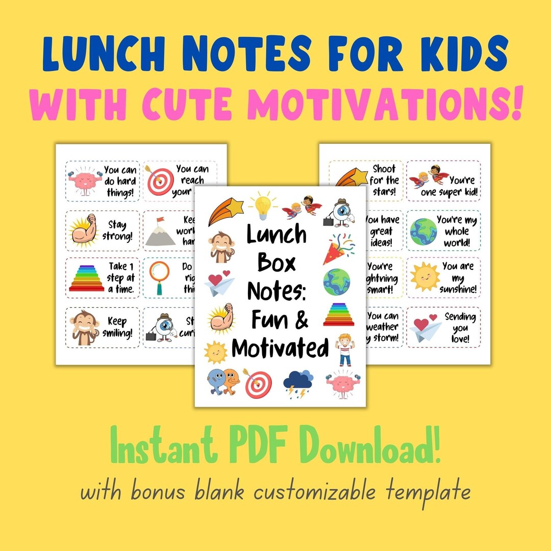 Kids Lunch Box Notes / Cute Motivations / 24 Printable Lunchbox Cards ...