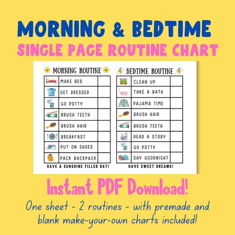 Kids Morning / Bedtime Routine Single Page Charts, Cute Printable ...