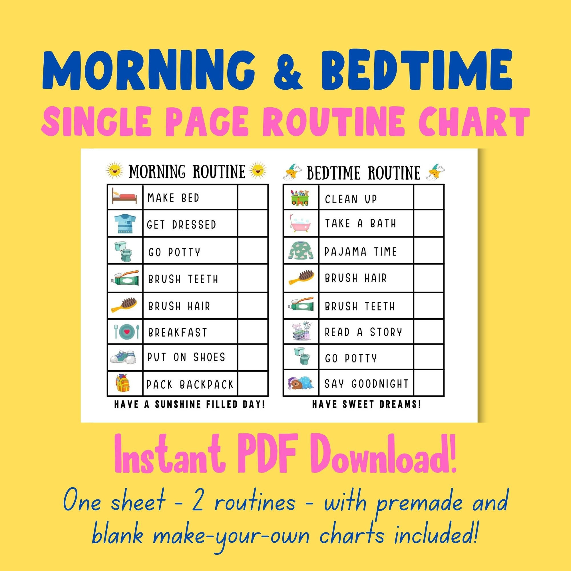 Kids Morning / Bedtime Routine Single Page Charts, Cute Printable ...