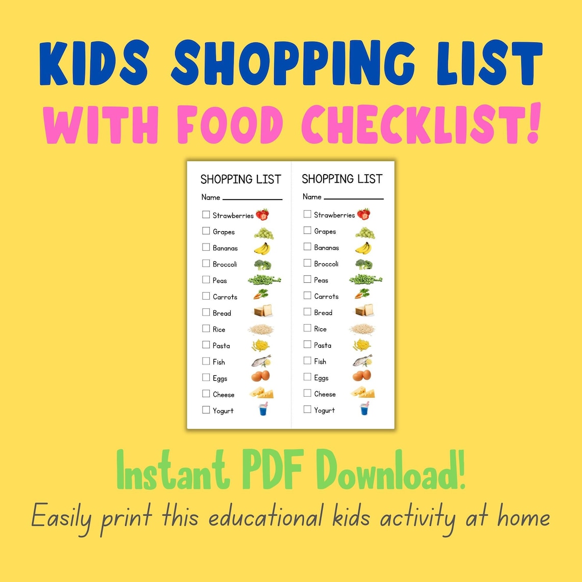 Kids Shopping List, Cute Printable Grocery Shopping Checklist, Instant ...
