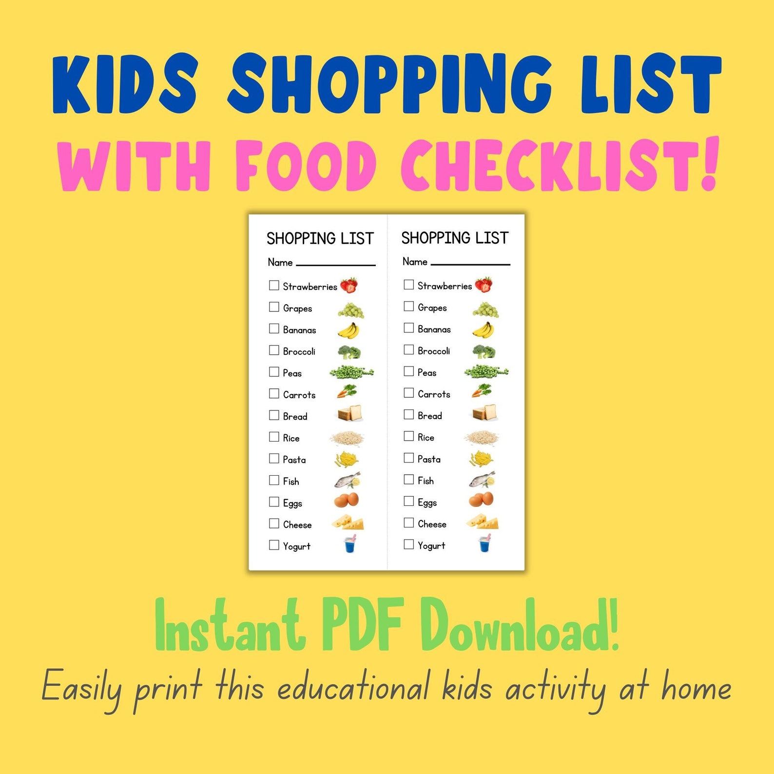 Kids Shopping List, Cute Printable Grocery Shopping Checklist, Instant ...