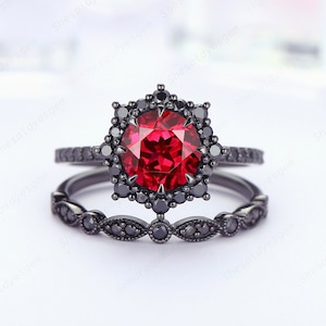 Black Gold Ruby Halo Engagement Ring Set, Vintage Ruby Black Moissanite ...