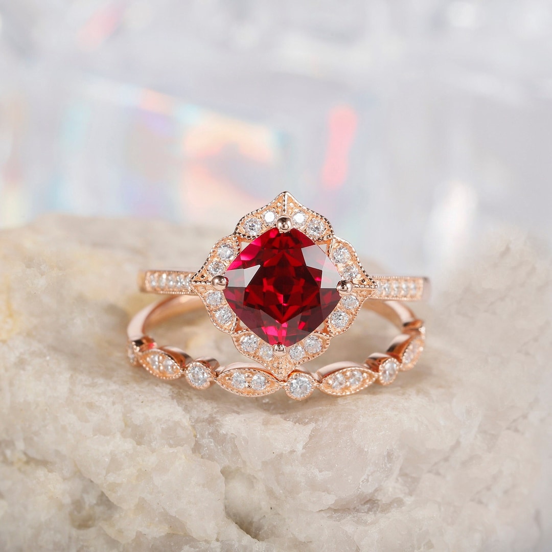 Cushion Cut Ruby Engagement Ring Set, Vintage 14K Rose Gold Ruby and ...