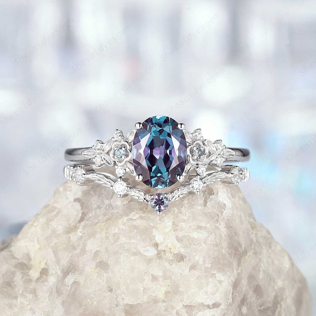 Unique Oval Shape Floral Alexandrite Engagement Ring Set, White Gold ...