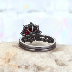 Black Gold Ruby Halo Engagement Ring Set, Vintage Ruby Black Moissanite ...