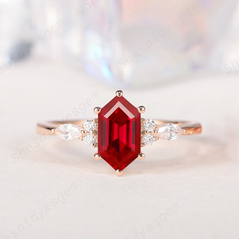 Vintage Hexagon Ruby Engagement Ring Set Unique Rose Gold - Etsy