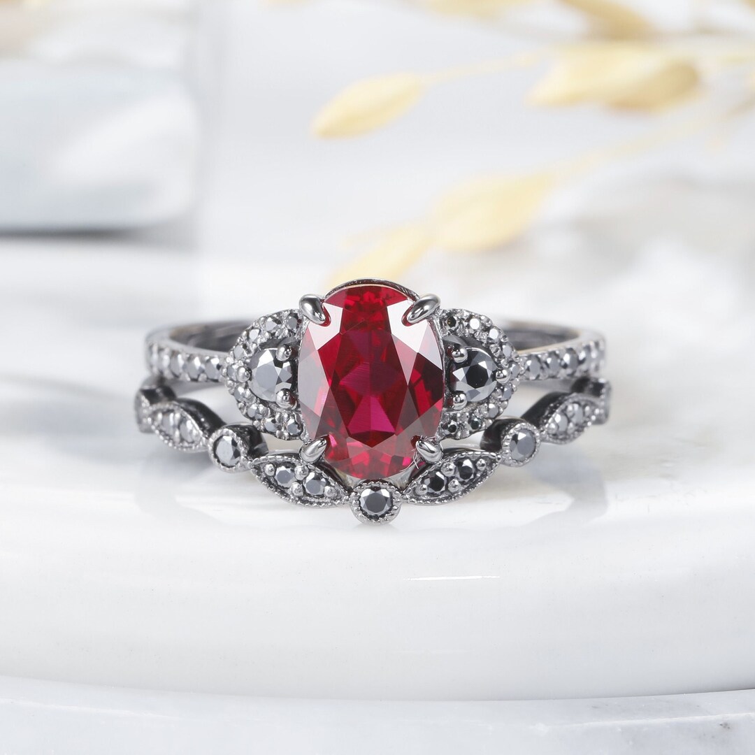 Vintage Rhodium Black Gold Vermeil Ruby Ring Set Black Moissanite July ...