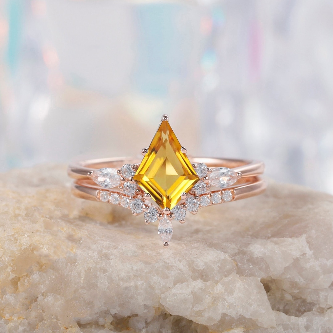 Vintage Kite Cut Citrine and Diamond Engagement Ring Set, 14K 18K Rose ...