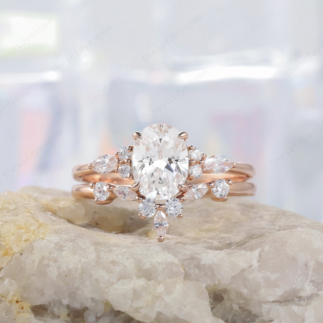 Vintage Oval Cut Moissanite and Diamond Bridal Set, Unique Rose Gold ...