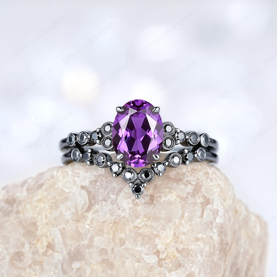 Gothic Purple Sapphire Black Gold Engagement Ring Set, Oval Sapphire ...