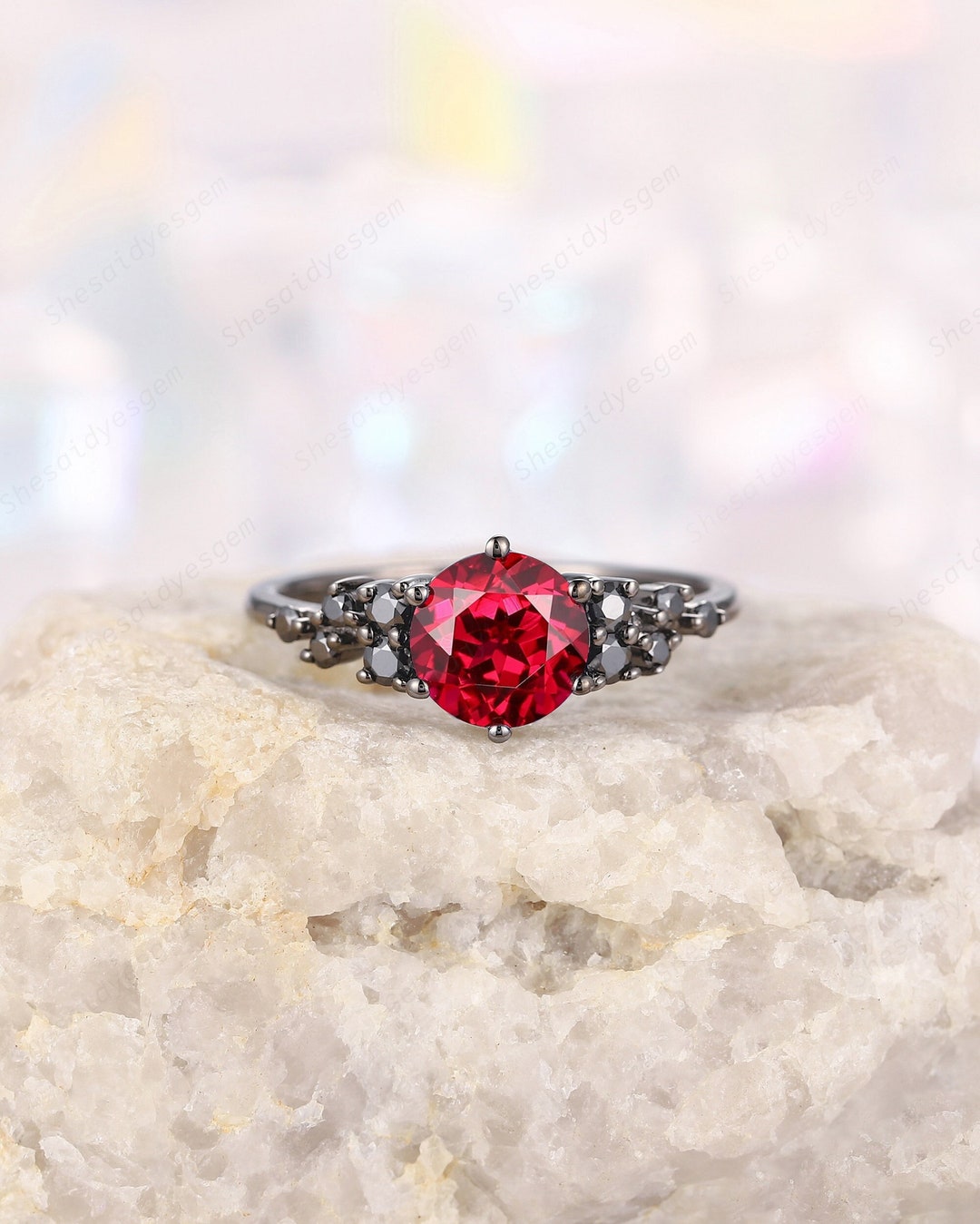 Vintage Black Gold Ruby Engagement Ring, Round Ruby Black Wedding Ring ...