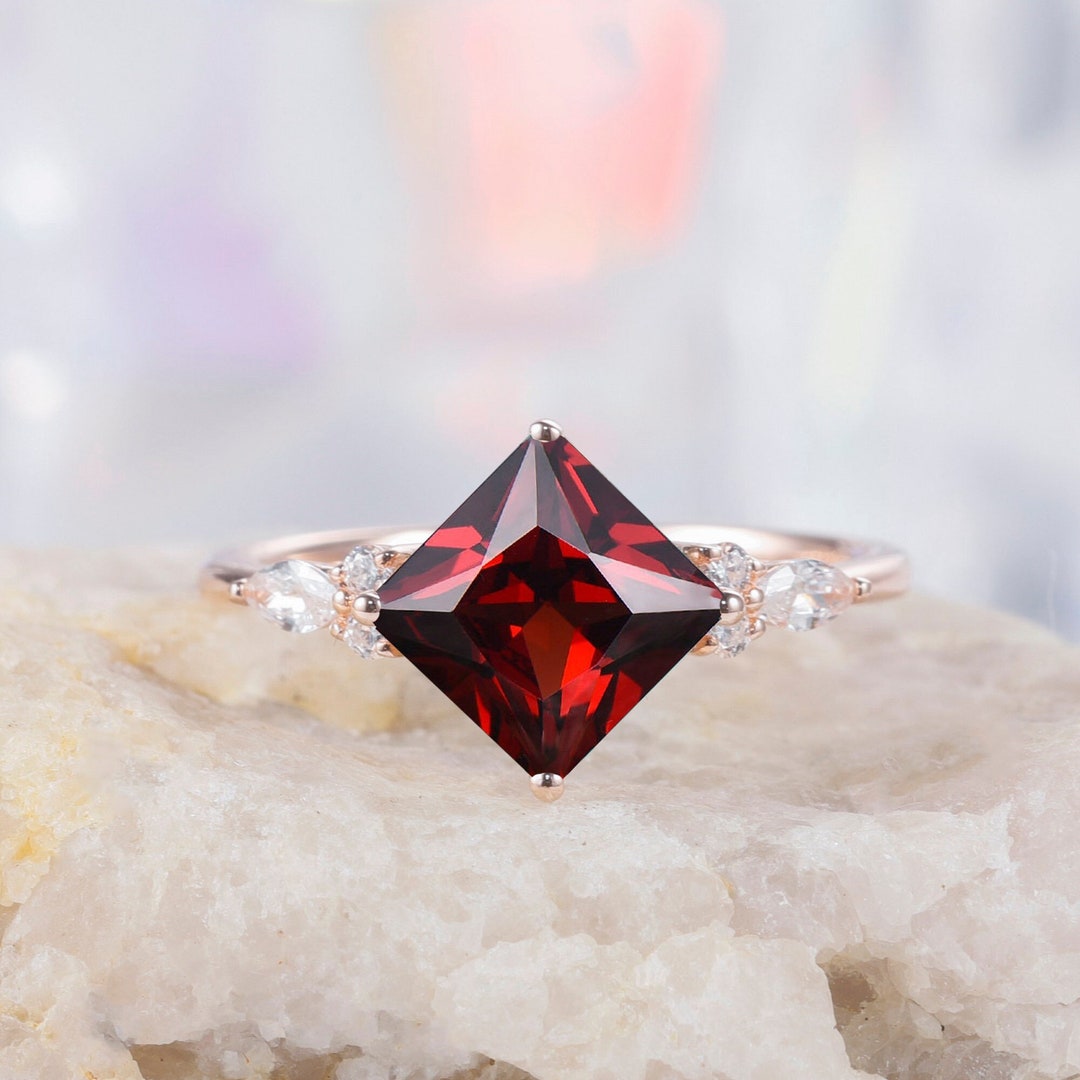 Vintage Princess Cut Garnet Diamond Engagement Ring, 14K Rose Gold ...