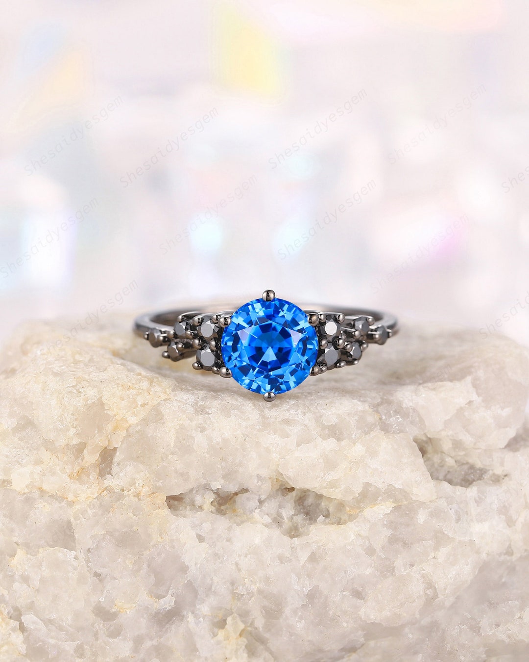 Black Gold Cobalt Blue Spinel Engagement Ring, Unique Rhodium Black ...