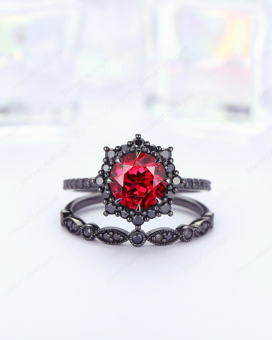 Black Gold Ruby Halo Engagement Ring Set, Vintage Ruby Black Moissanite ...