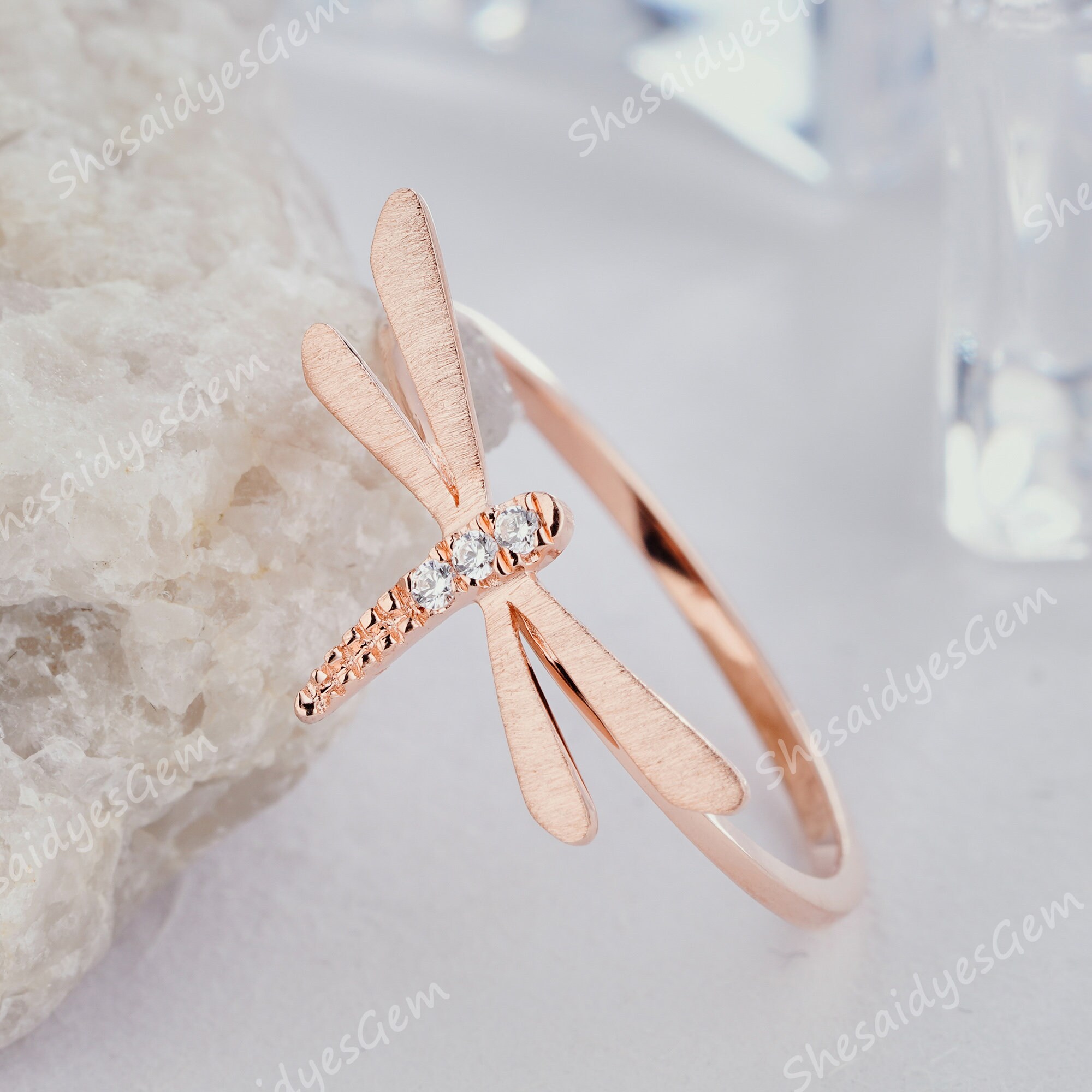 Art Deco Stylish Dragonfly Diamond Engagement Ring, Vintage 14k Rose ...
