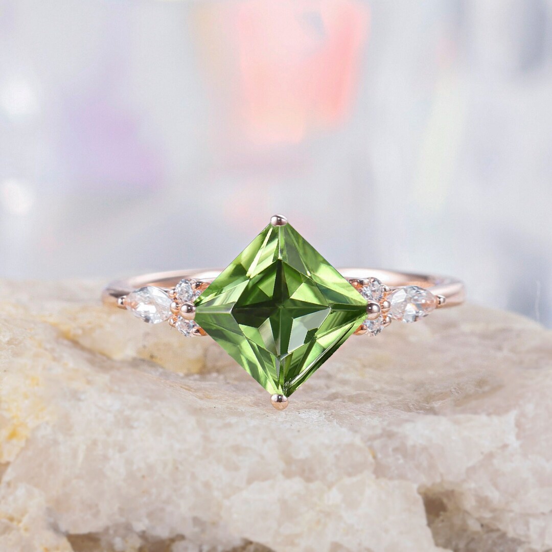 Vintage Princess Cut Peridot and Diamond Engagement Ring, 14K Rose Gold ...