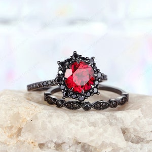 Black Gold Ruby Halo Engagement Ring Set, Vintage Ruby Black Moissanite ...